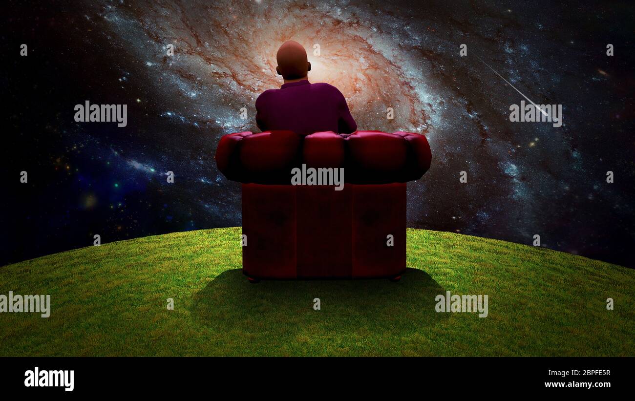 Surreal composition. Man sits in red armchair and observes vivid galaxy ...