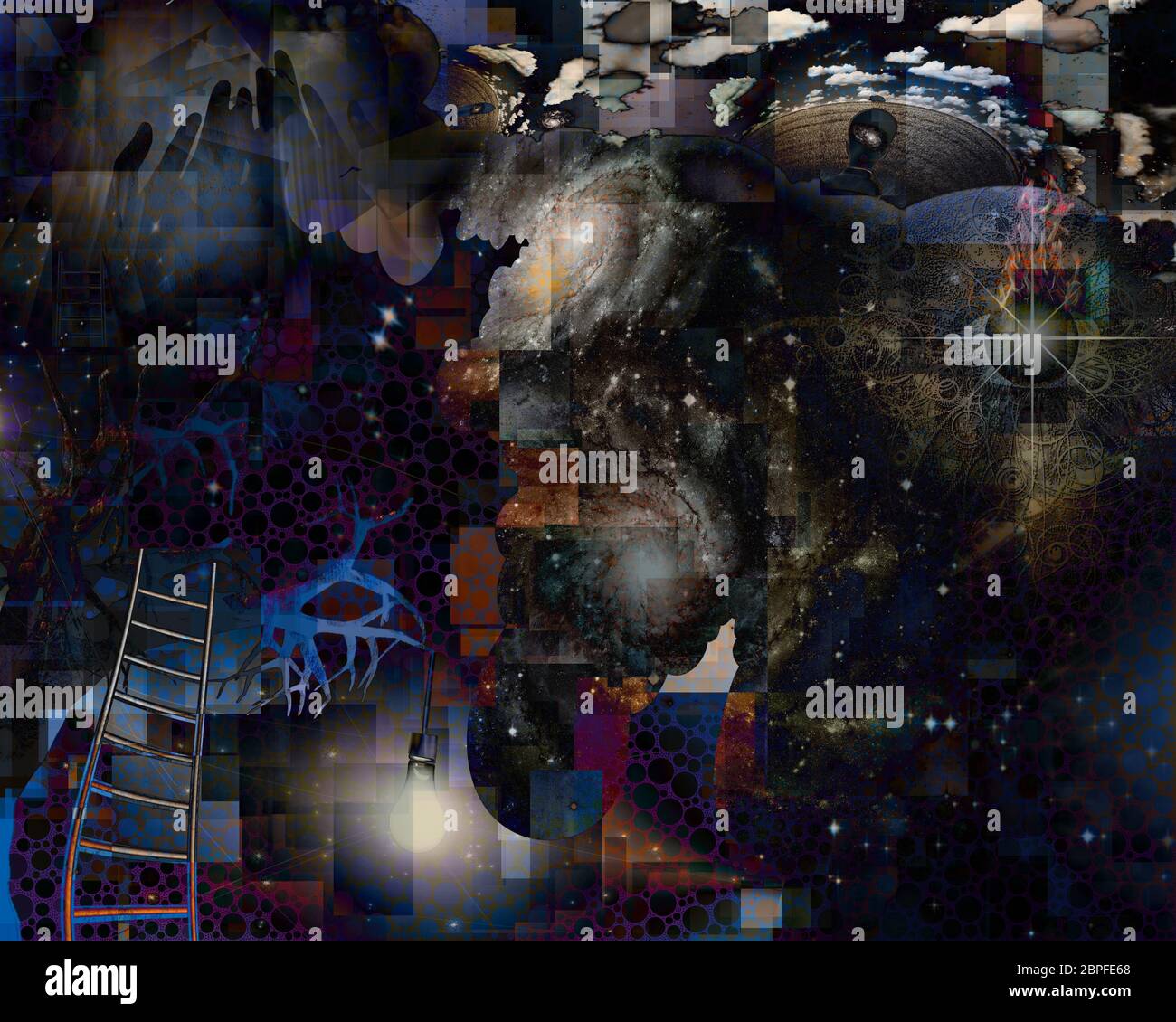 Inside of Consciousness. Tree with hanging light bulb. Human with ...