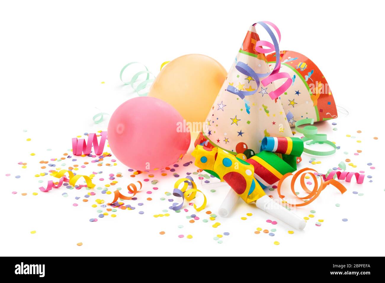 Noisemakers, streamers and confetti. Isolated on white background Stock ...