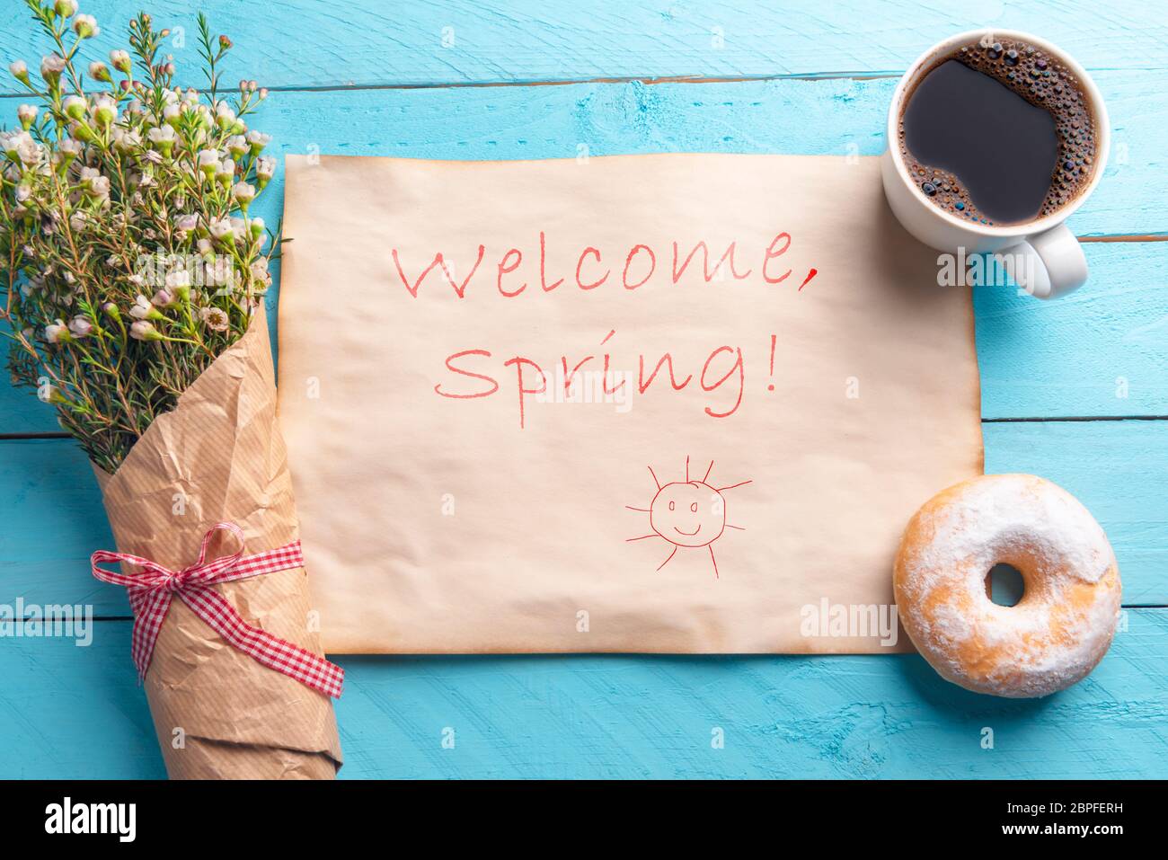 Vintage paper with welcome spring message, handwritten, a bouquet of ...