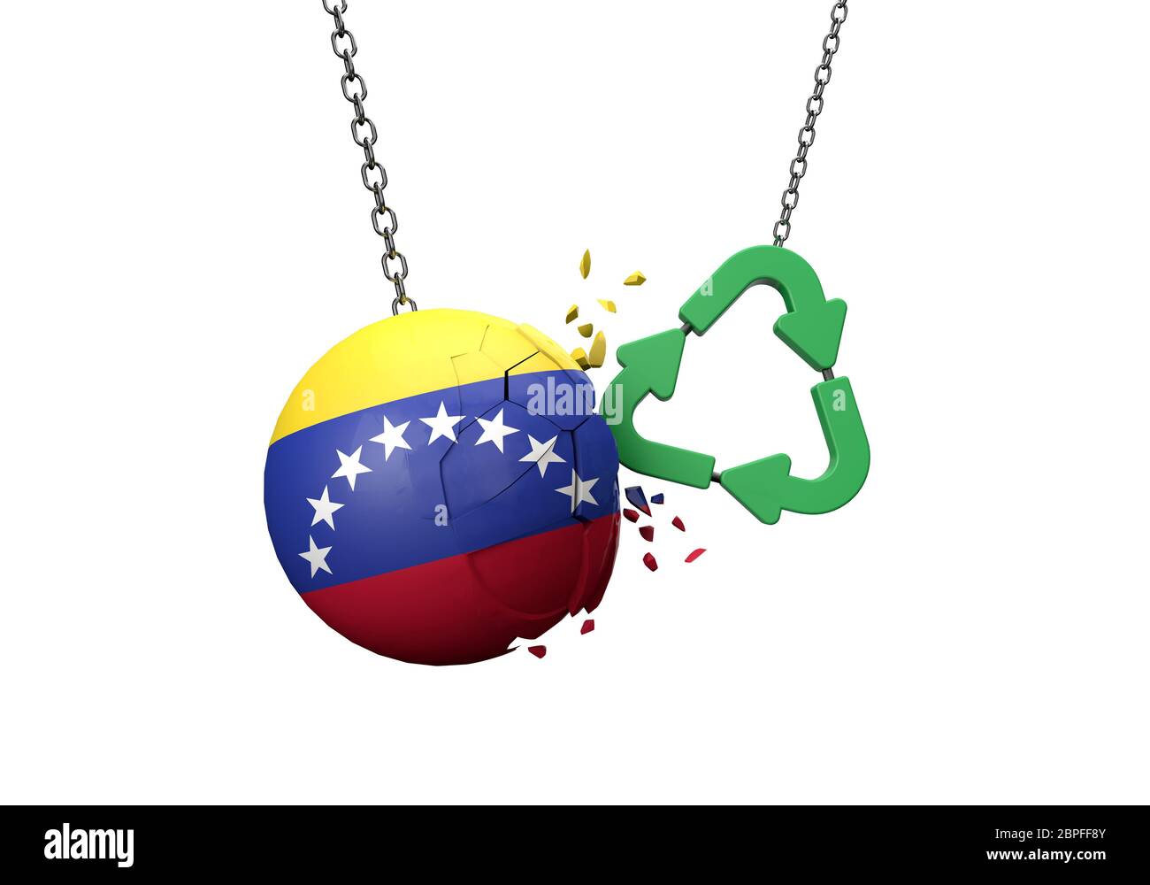 Green recycle symbol crashing into a Venezuela flag ball. 3D Rendering ...