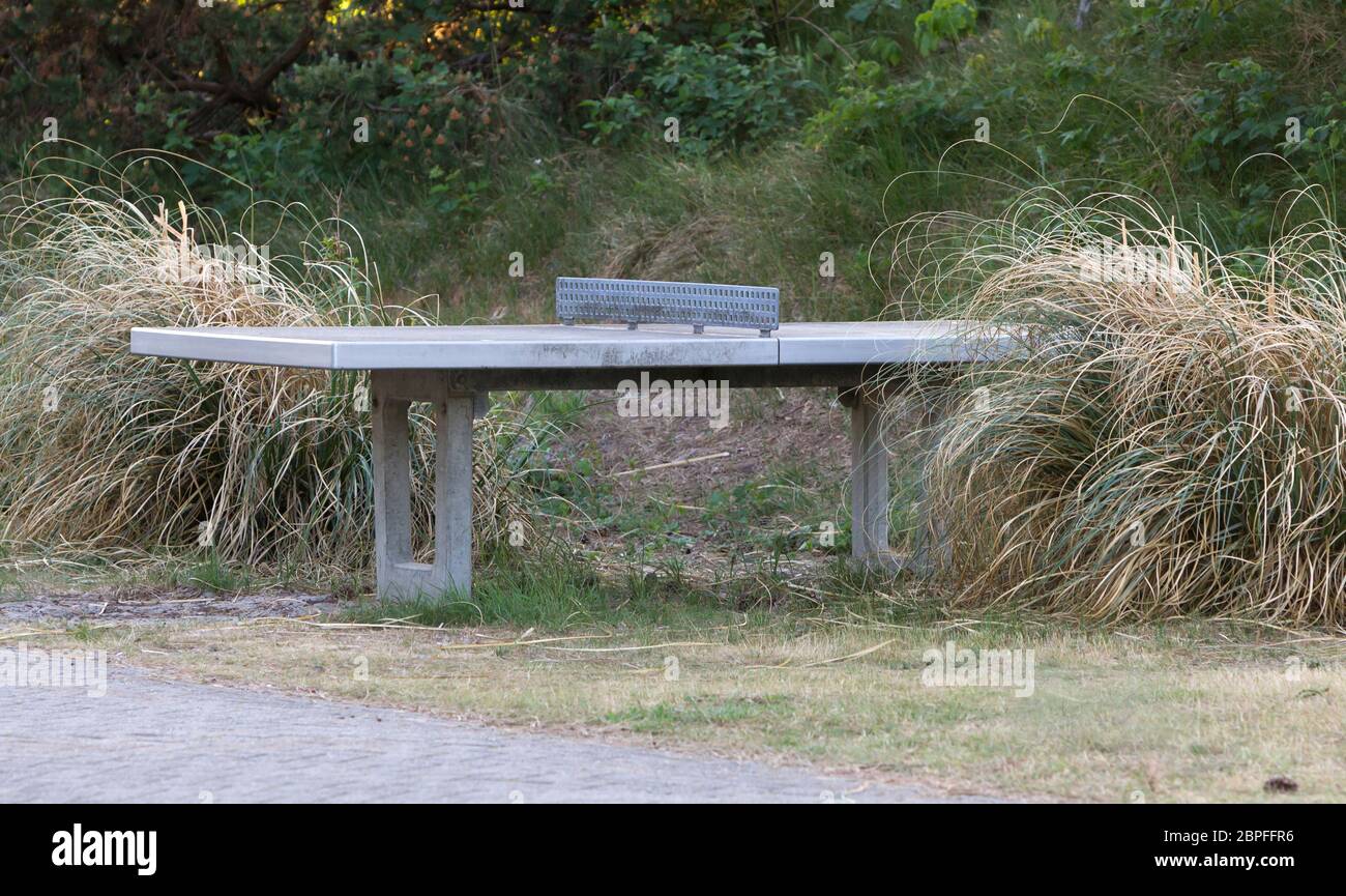 Grey concrete table tennis with metal net Stock Photo - Alamy