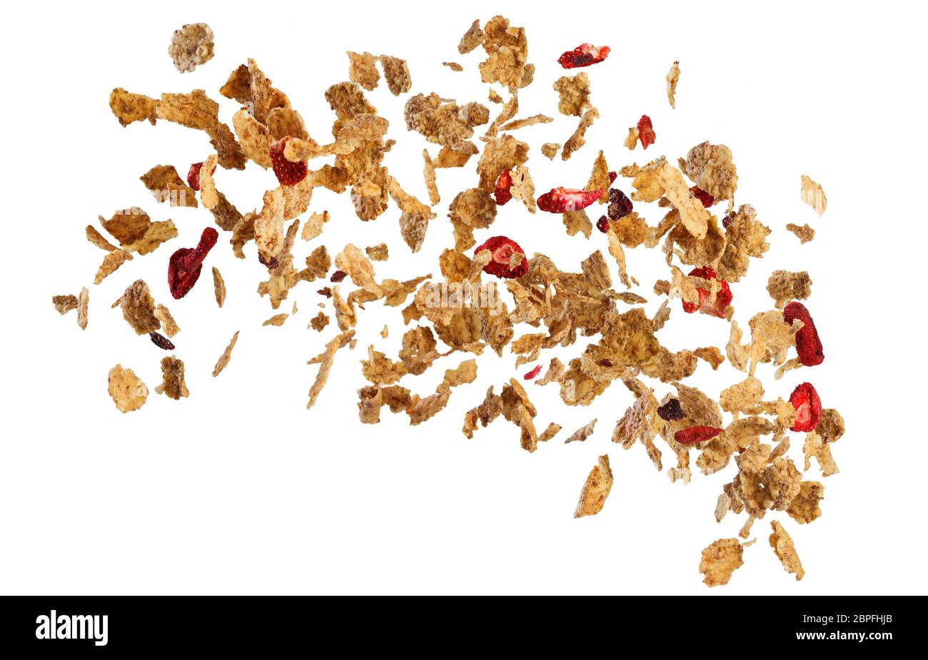 Falling corn flakes and fruits isolated on white background Stock Photo ...