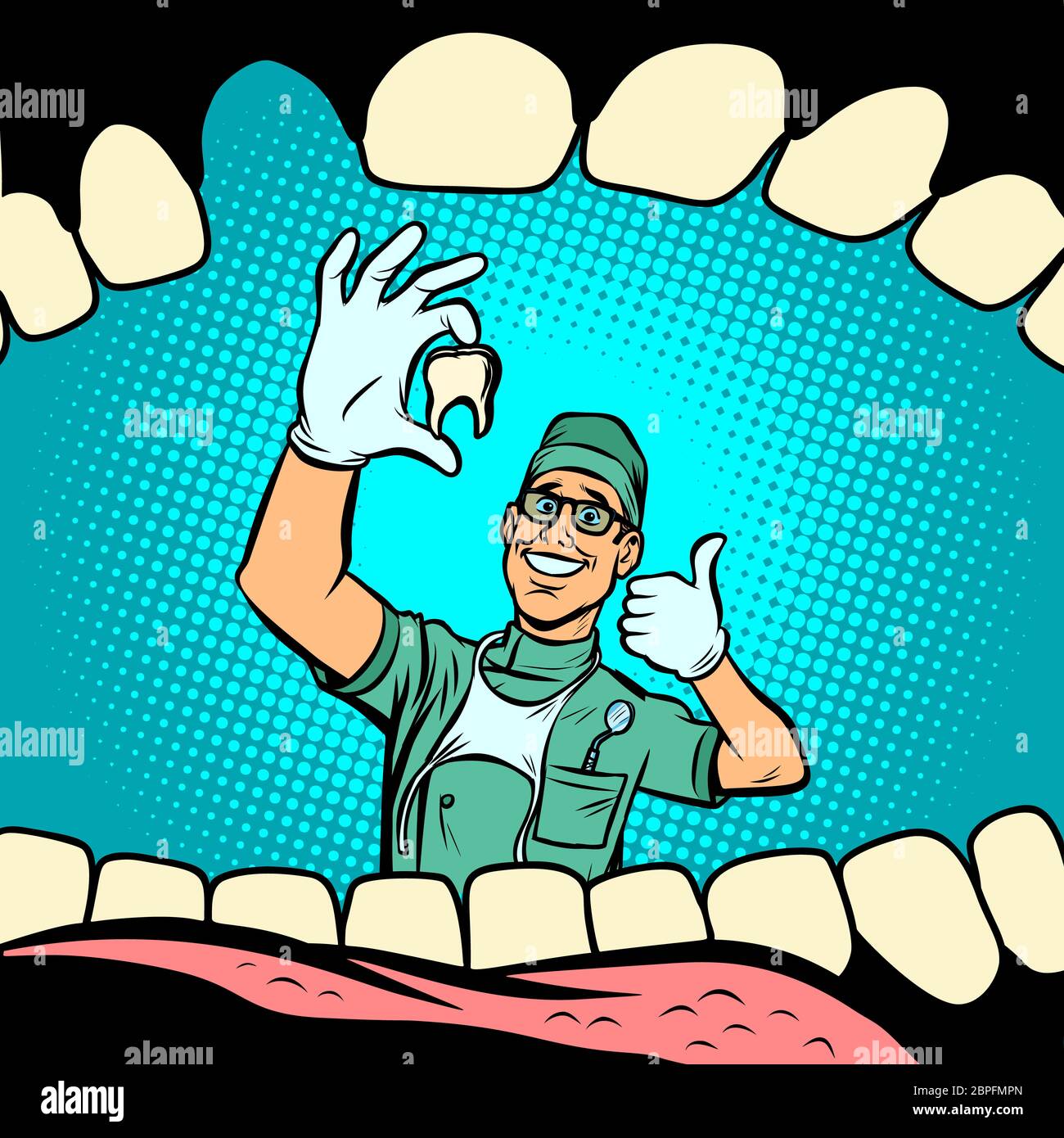 Mouth without tooth. Joyful dentist male doctor. Comic cartoon pop art ...