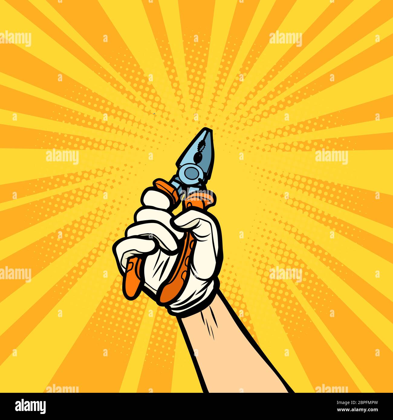 hand with pliers, work tool. Comic cartoon pop art retro vector ...