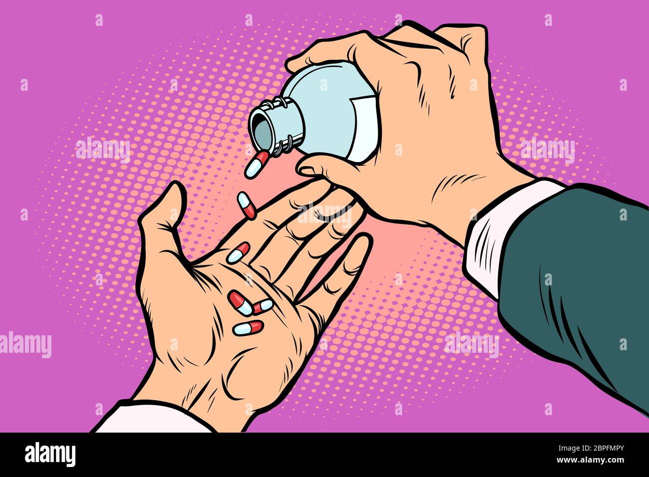 man hand pours out pills. Comic cartoon pop art retro vector ...