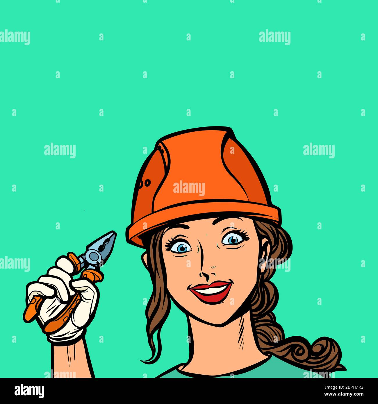 smiling woman electrician professional. Comic cartoon pop art retro ...