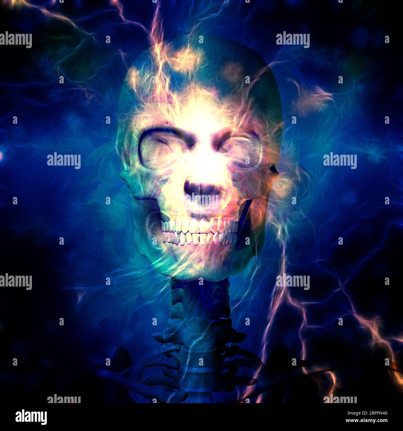 Glowing Skull Design with Lightnings Stock Photo - Alamy