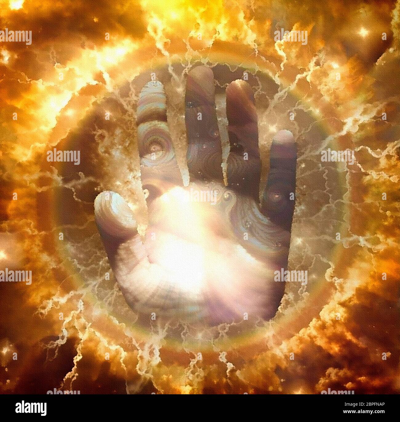 Hand of God. Lightning radiates from hand. Ring of fire on the ...