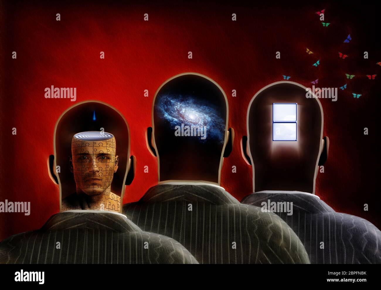 Three Minds. Thoughts in men heads Stock Photo - Alamy