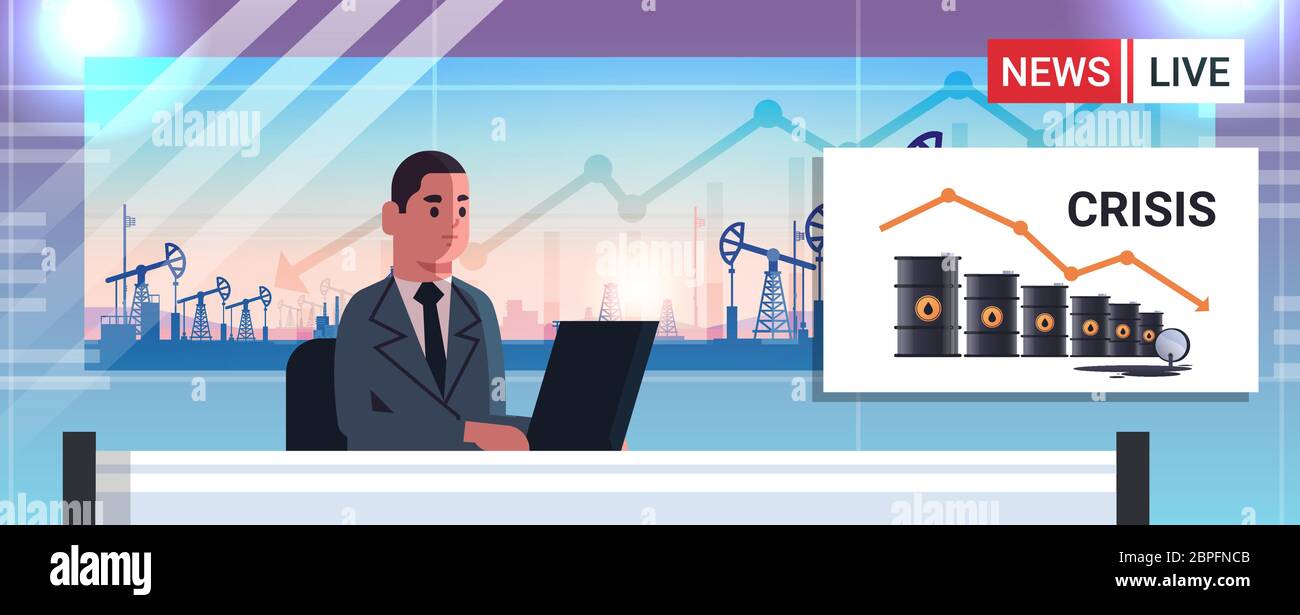 tv reporter presenting news about oil barrels downward chart arrow ...