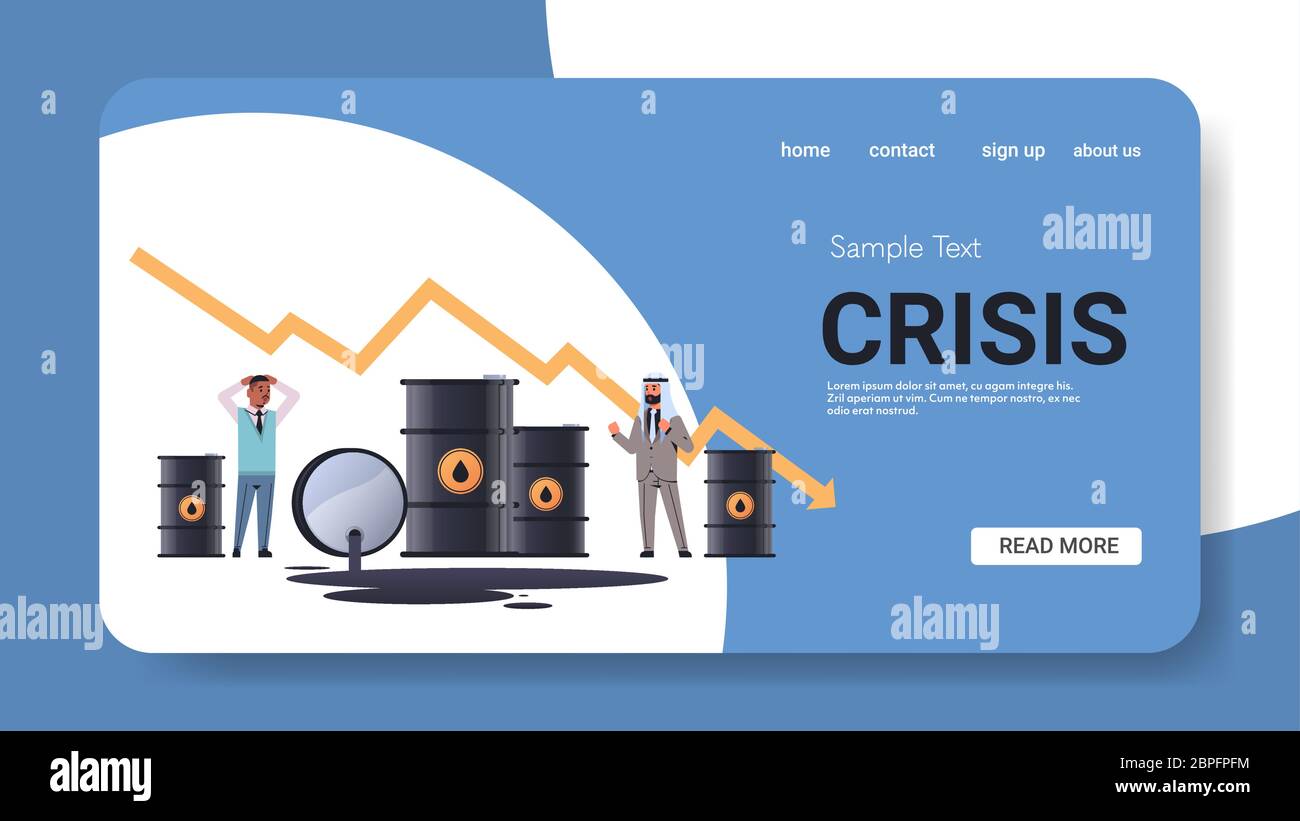 mix race businessmen frustrated about oil poured out of barrels downward chart arrow falling ...