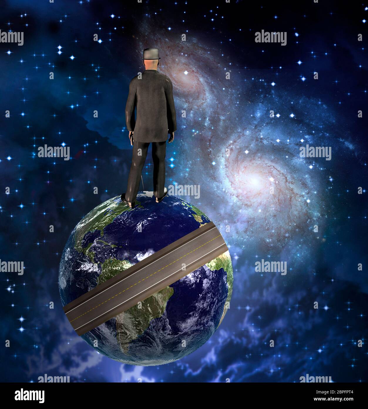 Man in suit stands on planet the Earth. Galaxies and nebulae in deep ...