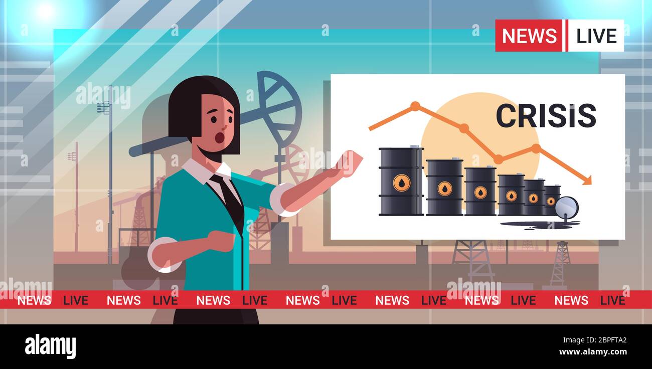 tv reporter presenting news about oil barrels downward chart arrow falling price decrease of ...