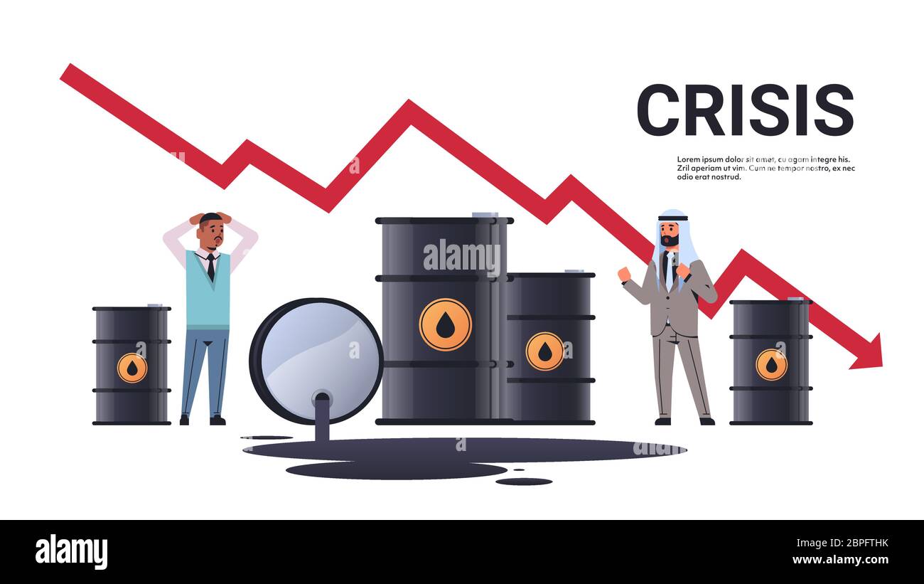 mix race businessmen frustrated about oil poured out of barrels downward chart arrow falling ...