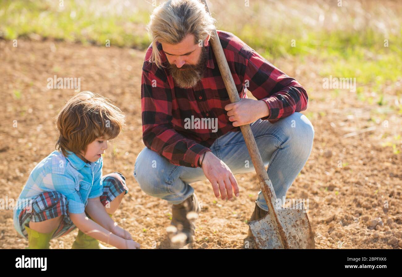 Where food comes from. Teaching son growing plants. Planting plants ...