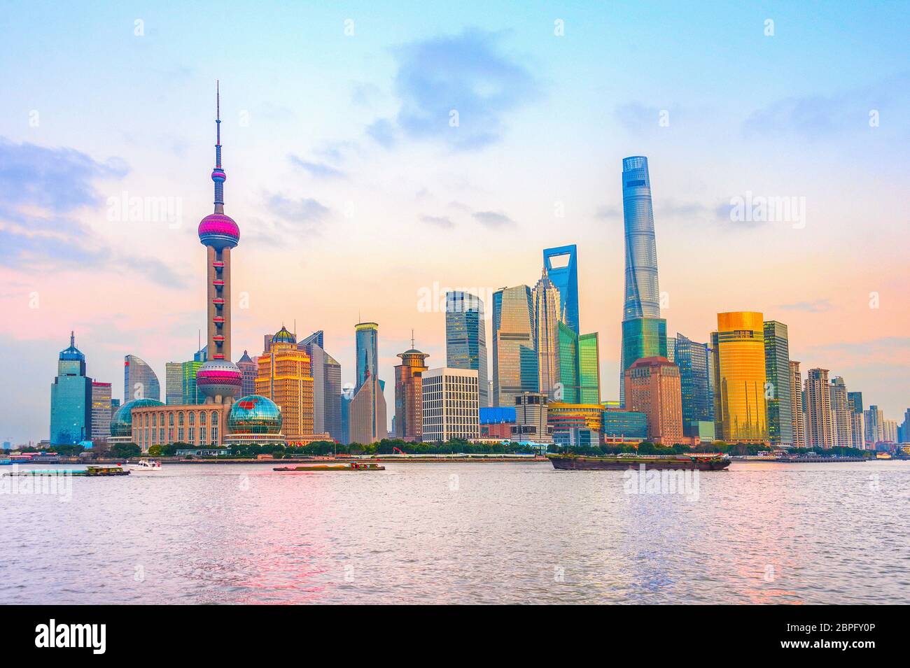 Shanghai metropolis skyline with modern architecture on river bank with ...
