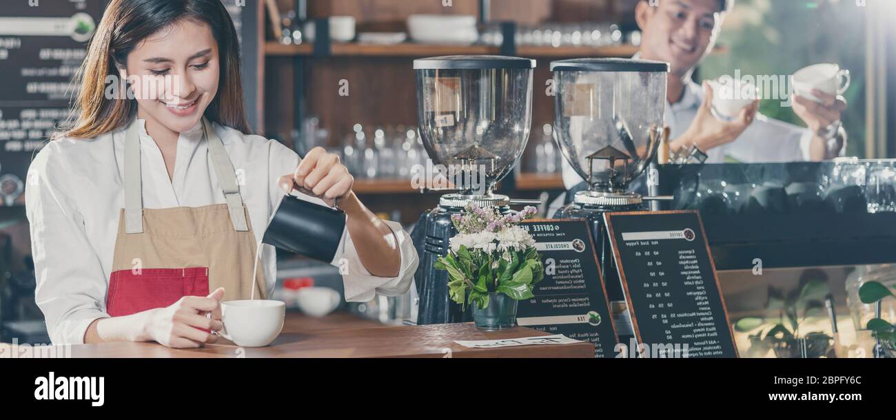 Banner of Asian Barista preparing cup of coffee, espresso with latte or ...