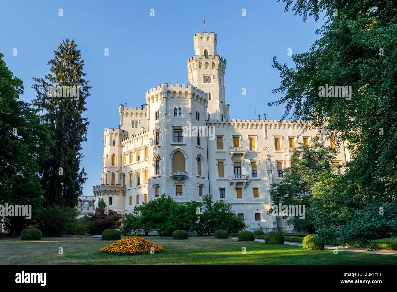 back view of beautiful white renaissance state castle castle Hluboka ...