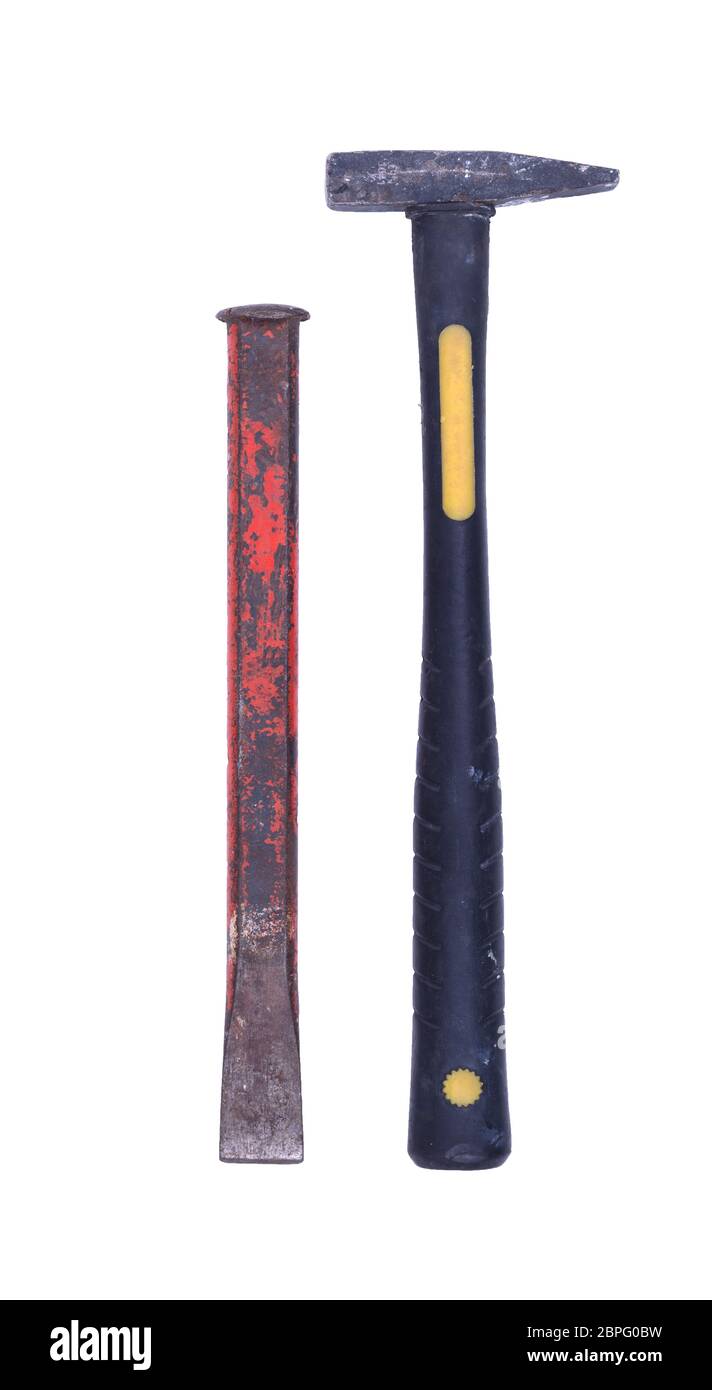 Cold chisel and hammer isolated on a white background Stock Photo - Alamy