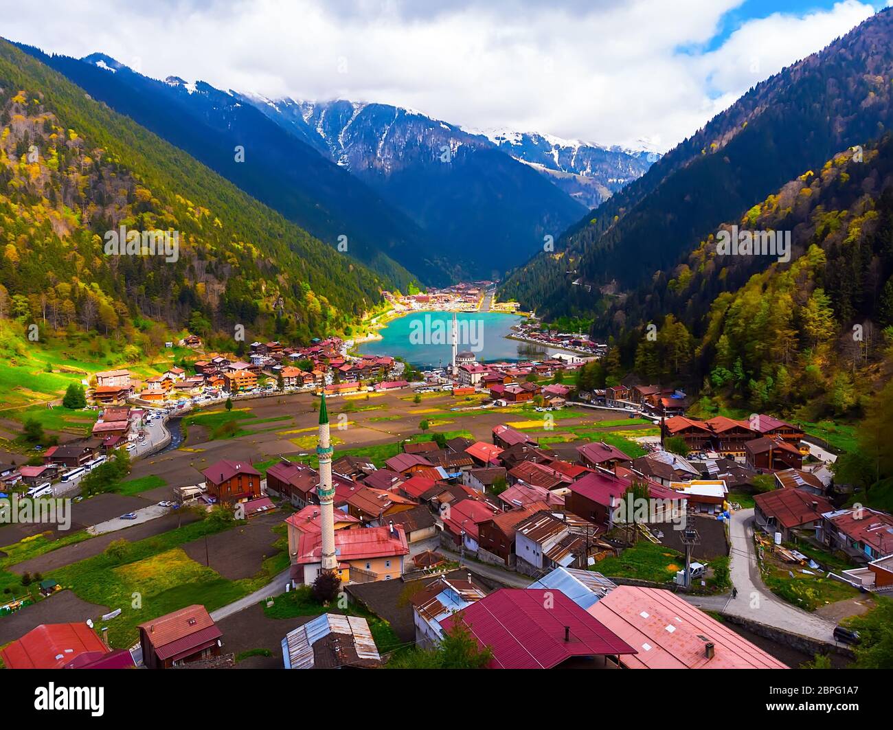 Aerial view to the Uzungol lake natural lake in mountain in city of ...
