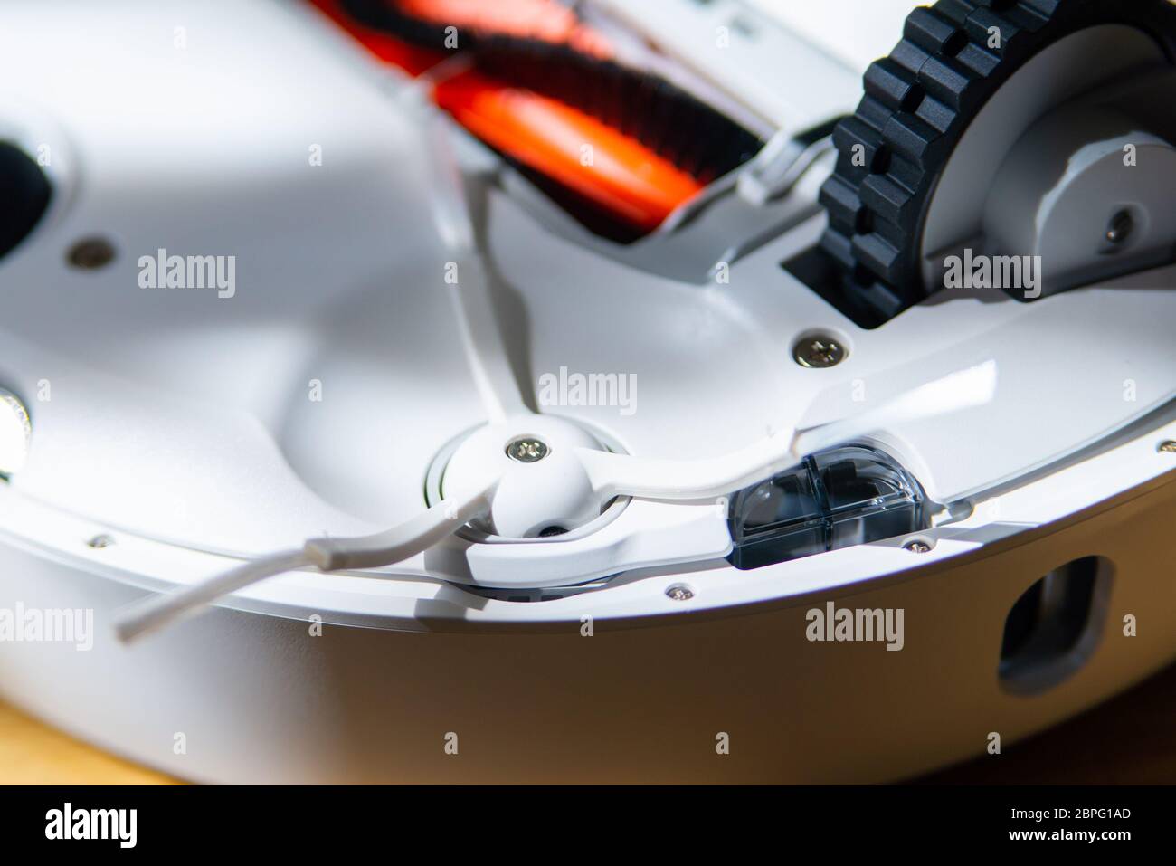 Robot vacuum cleaner technical details. View from below. Brushes ...