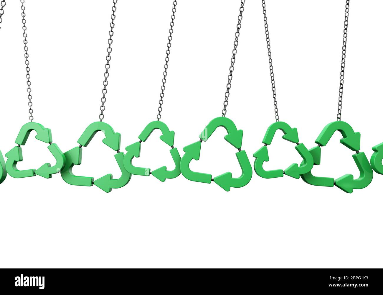 Green recycling symbol hanging from a chain. 3D Rendering Stock Photo ...