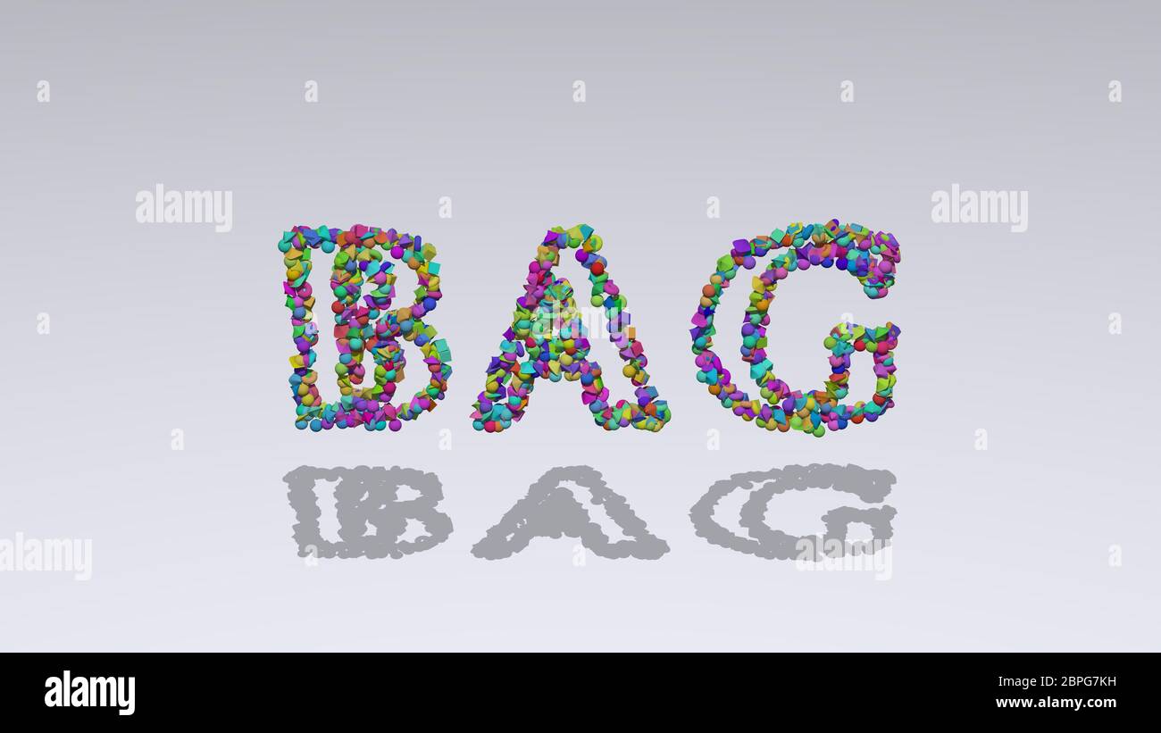 Colorful 3D writting of BAG text with small objects over a white ...