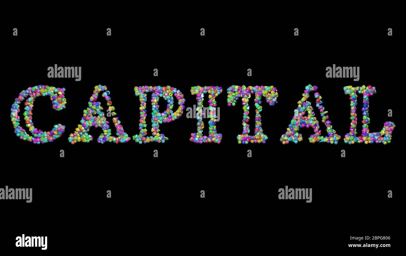 Colorful 3D writting of capital text with small objects over a dark ...