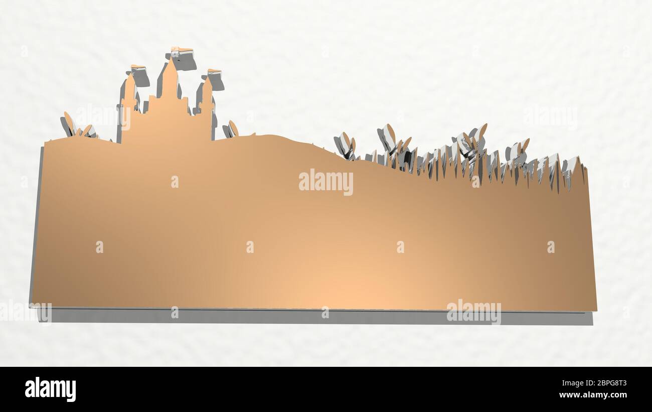 landscape of a castle from a perspective on the wall. A thick sculpture ...