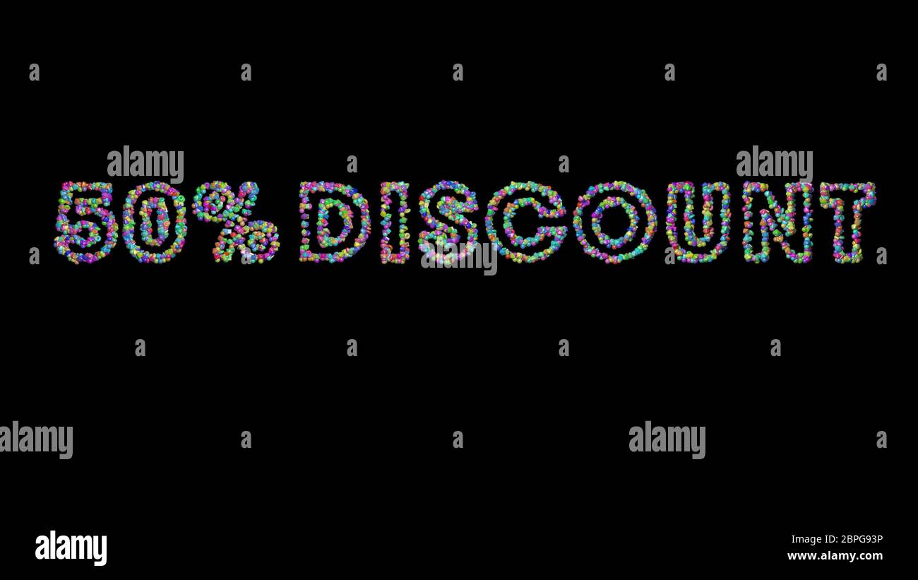 Colorful 3D writting of % discount text with small objects over a dark ...