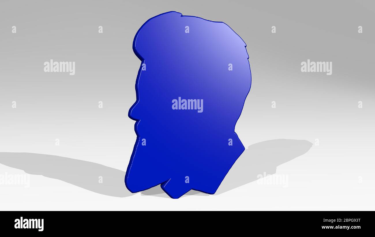 MAN WITH LONG CHIN on the wall. 3D illustration of metallic sculpture ...