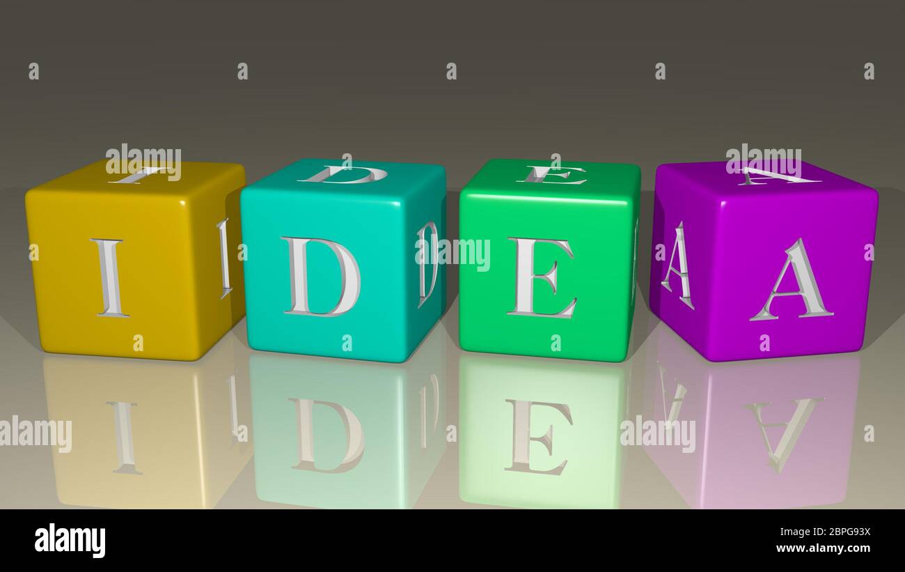 crosswords of IDEA arranged by cubic letters on a mirror floor, concept ...