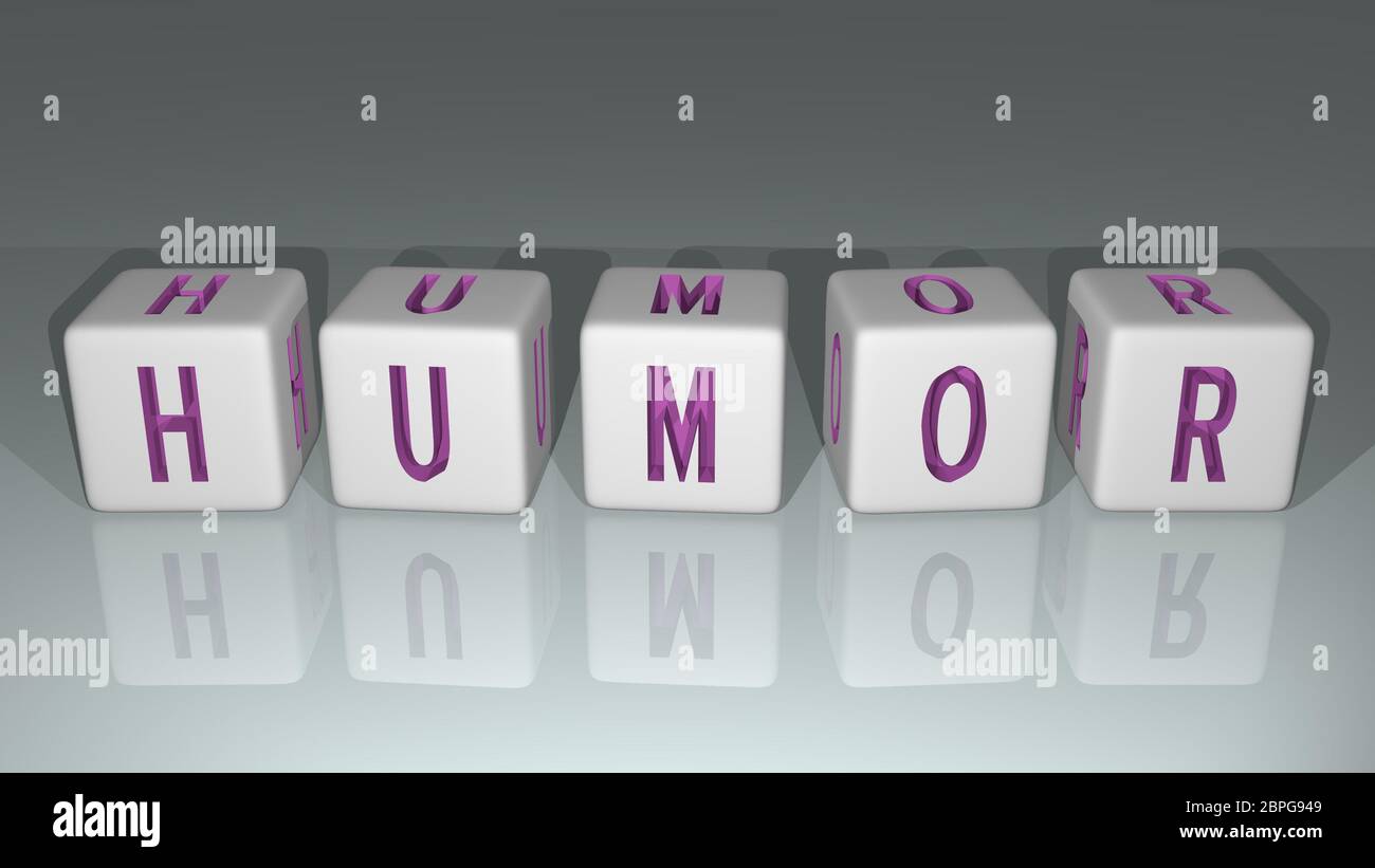alphabetic HUMOR arranged by cubic letters on a mirror floor, concept ...