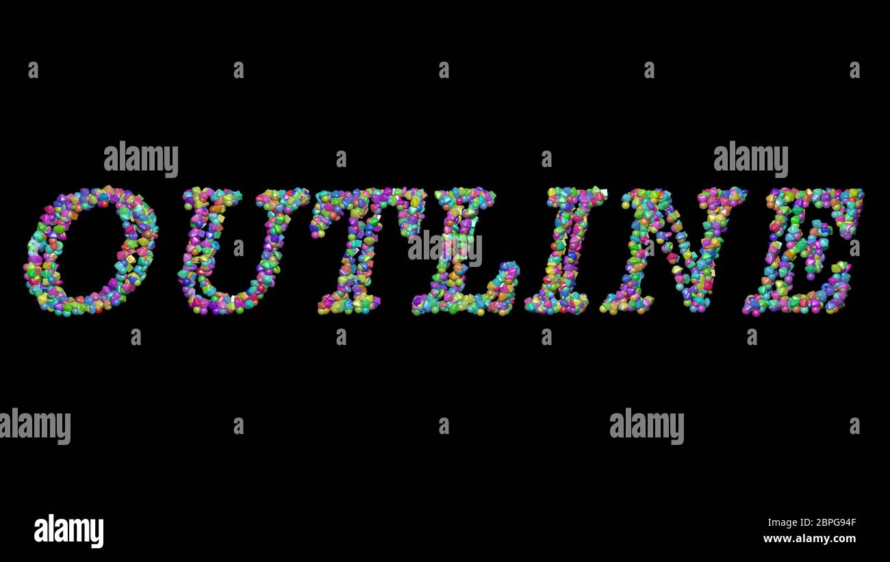 Colorful 3D writting of outline text with small objects over a dark ...