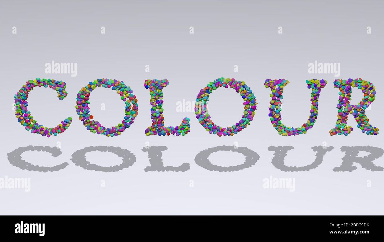 Colorful 3D writting of colour text with small objects over a white ...