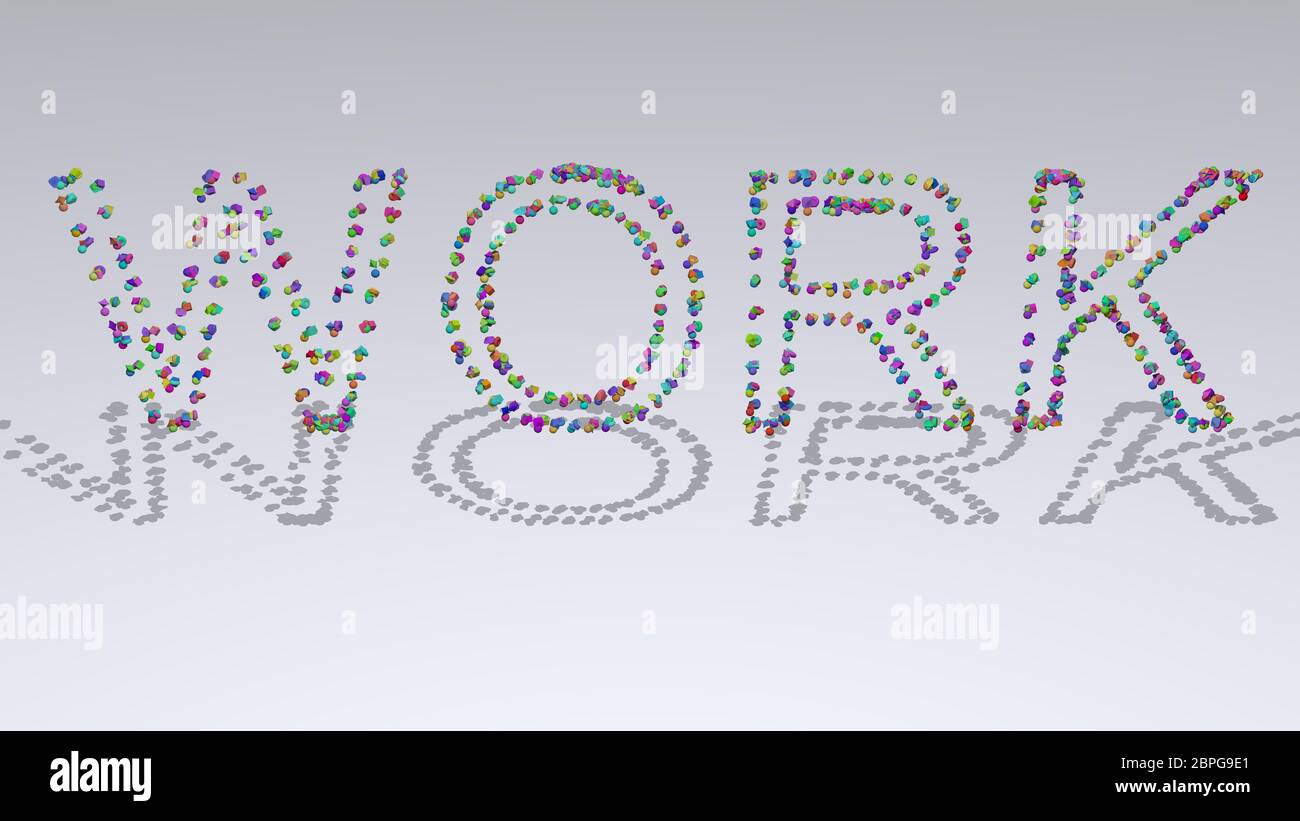 Colorful 3D writting of work text with small objects over a white ...