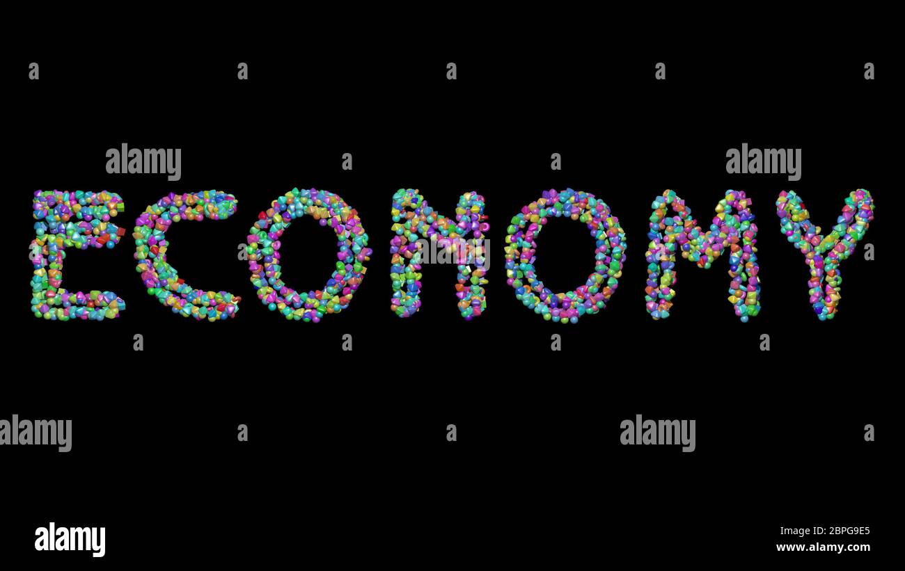 economy: 3D illustration of the text made of small objects over a black ...