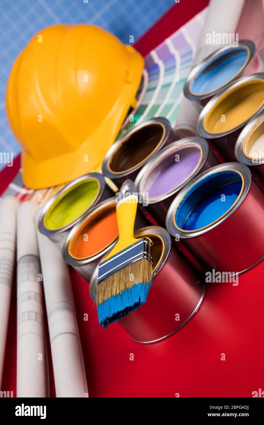 Collection of colored paints cans, Brush, red background Stock Photo ...