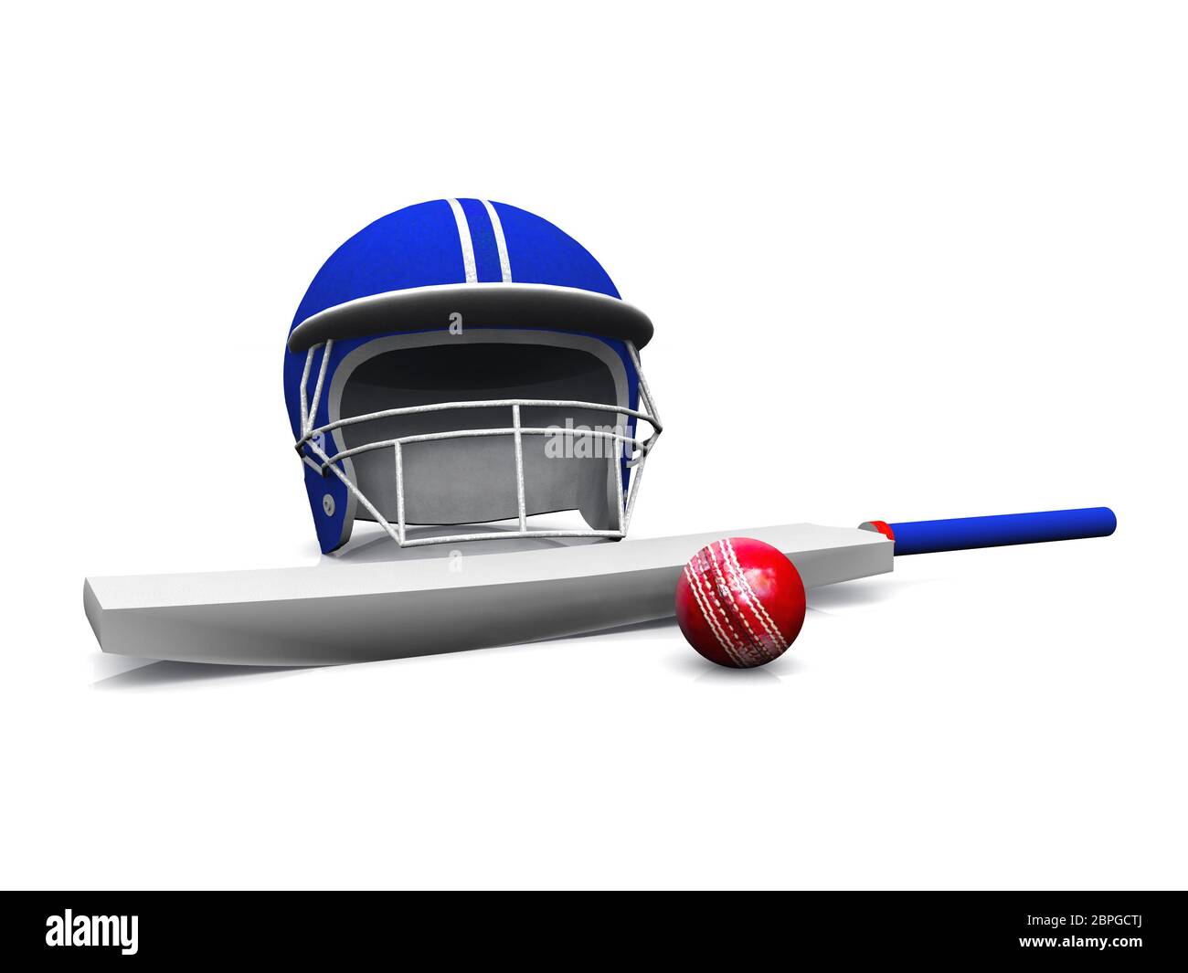 3D rendering of a cricket helmet, bat and ball on white background ...