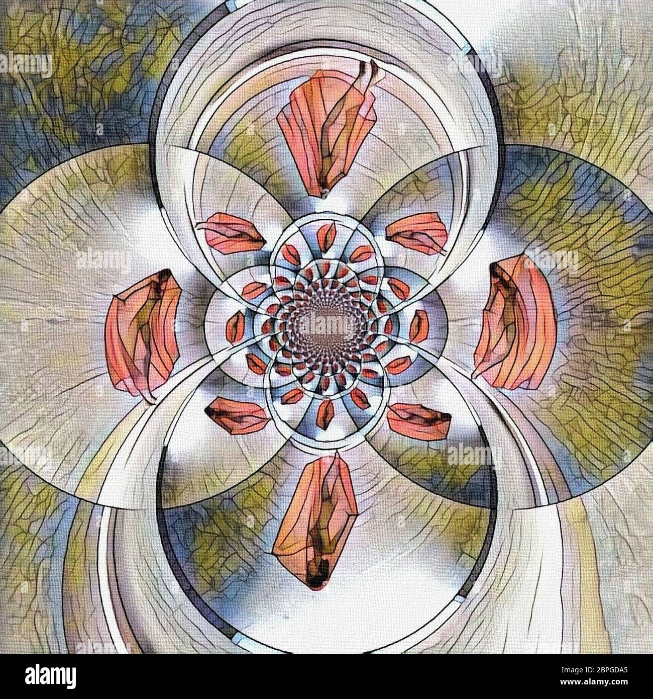Abstract painting. Mirrored round fractal with figure of woman under ...