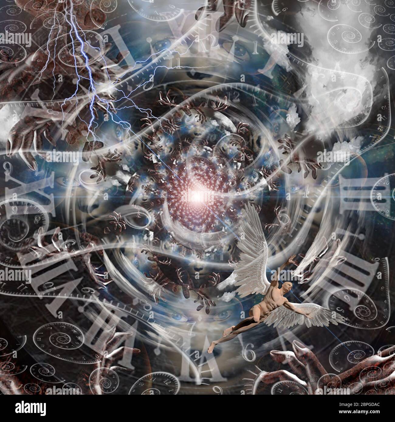 Symbolic composition. Particle of God. Angel and time spirals Stock ...