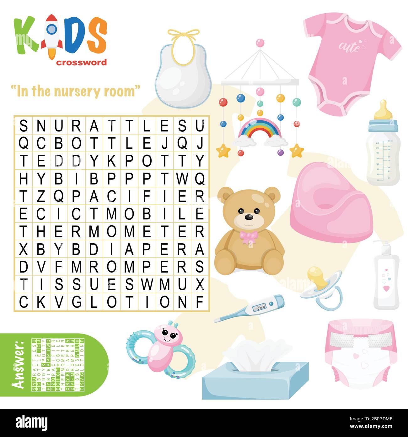 Easy word search crossword puzzle "In the nursery room", for children ...