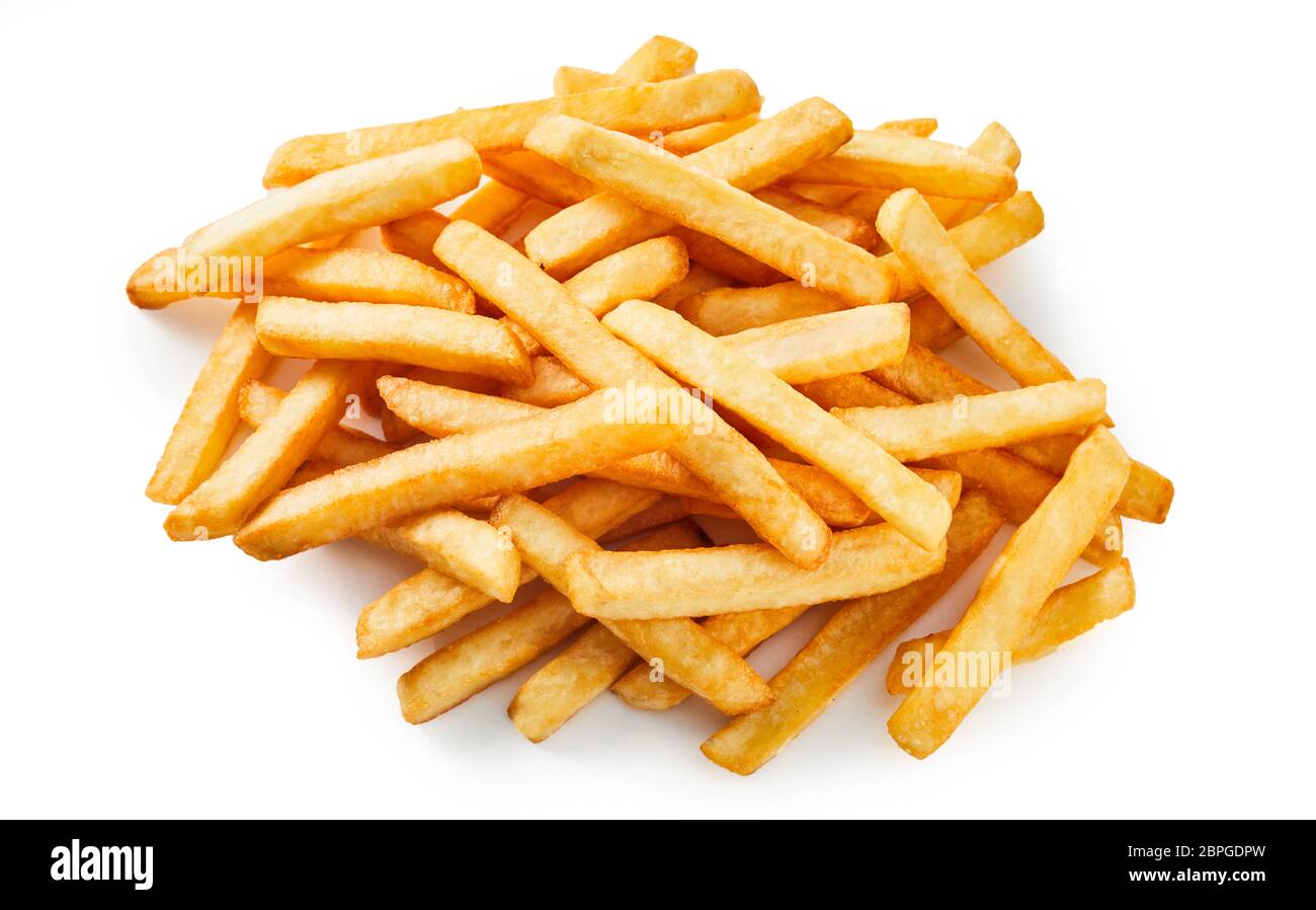 Pile of takeaway golden fried potato chips or French Fries on a white ...