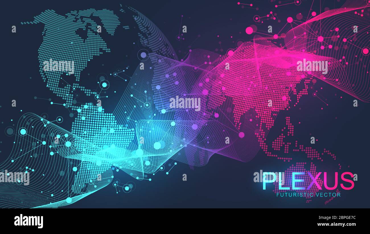 Abstract Geometric Background With Dynamic Particles Wave Flow Big Data Plexus Stream