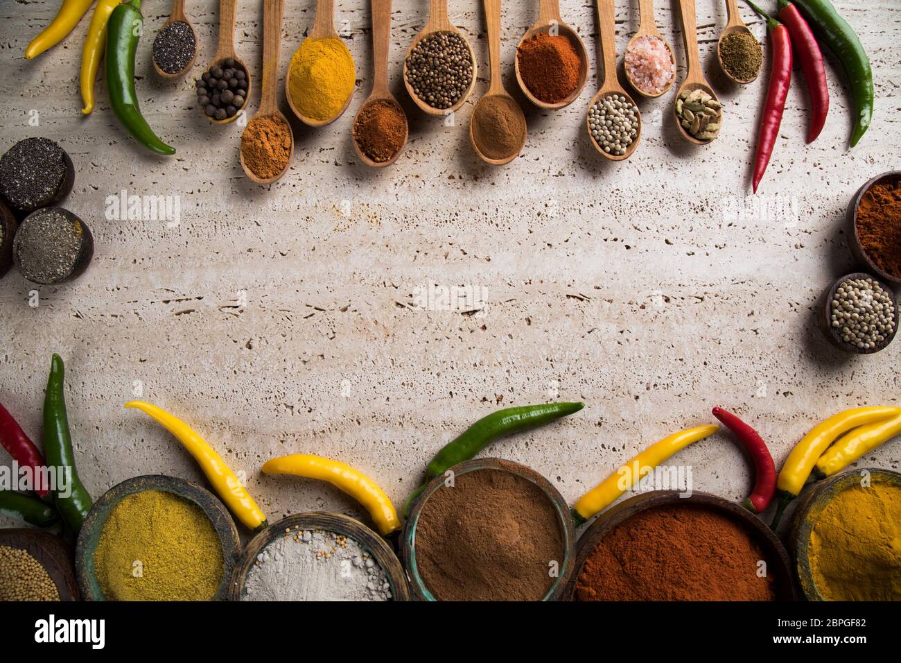 Cookbook and various spices background Stock Photo - Alamy