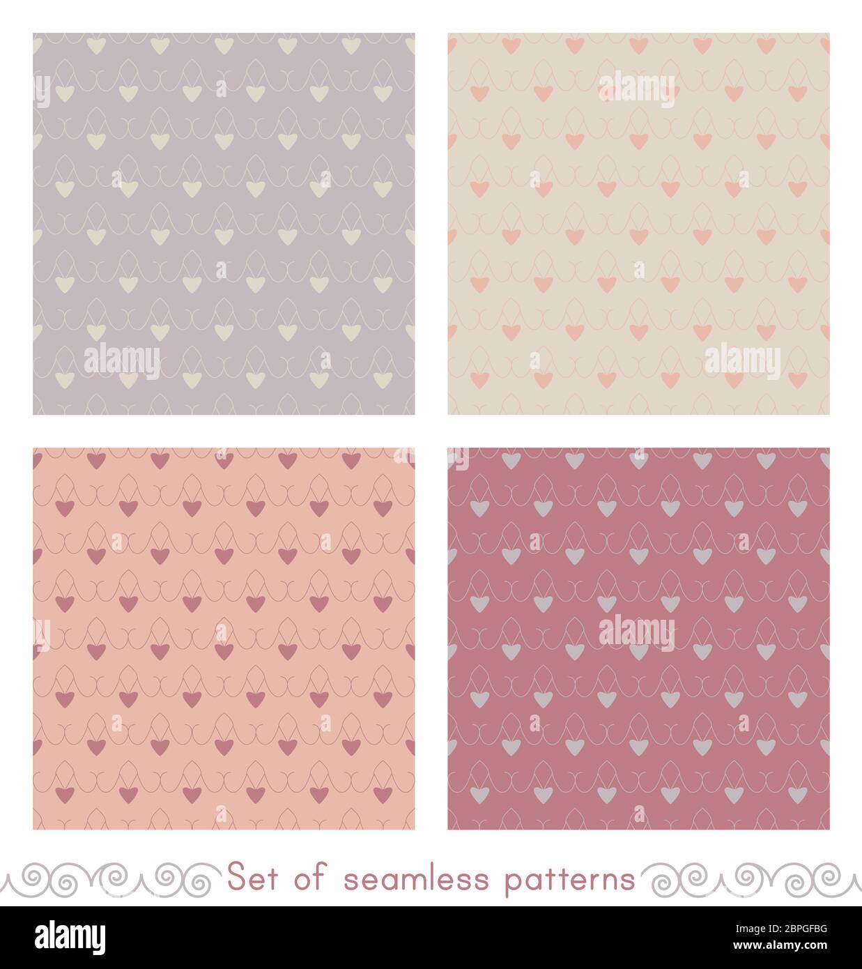 Set of seamless patterns with little hearts. Color grey, red , orange ...