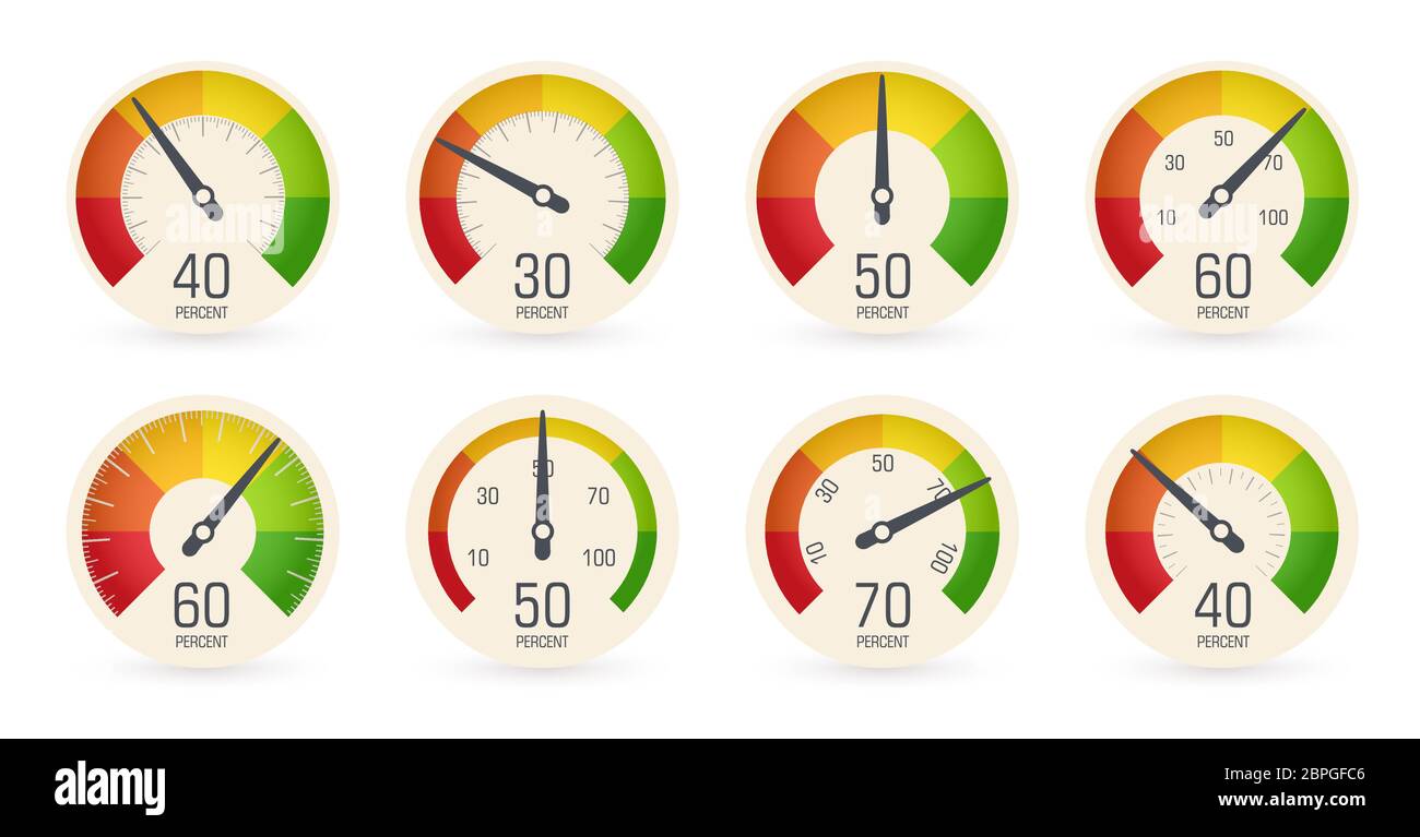 Dial speedometers, barometers logo set. Round scale, speed, weight ...