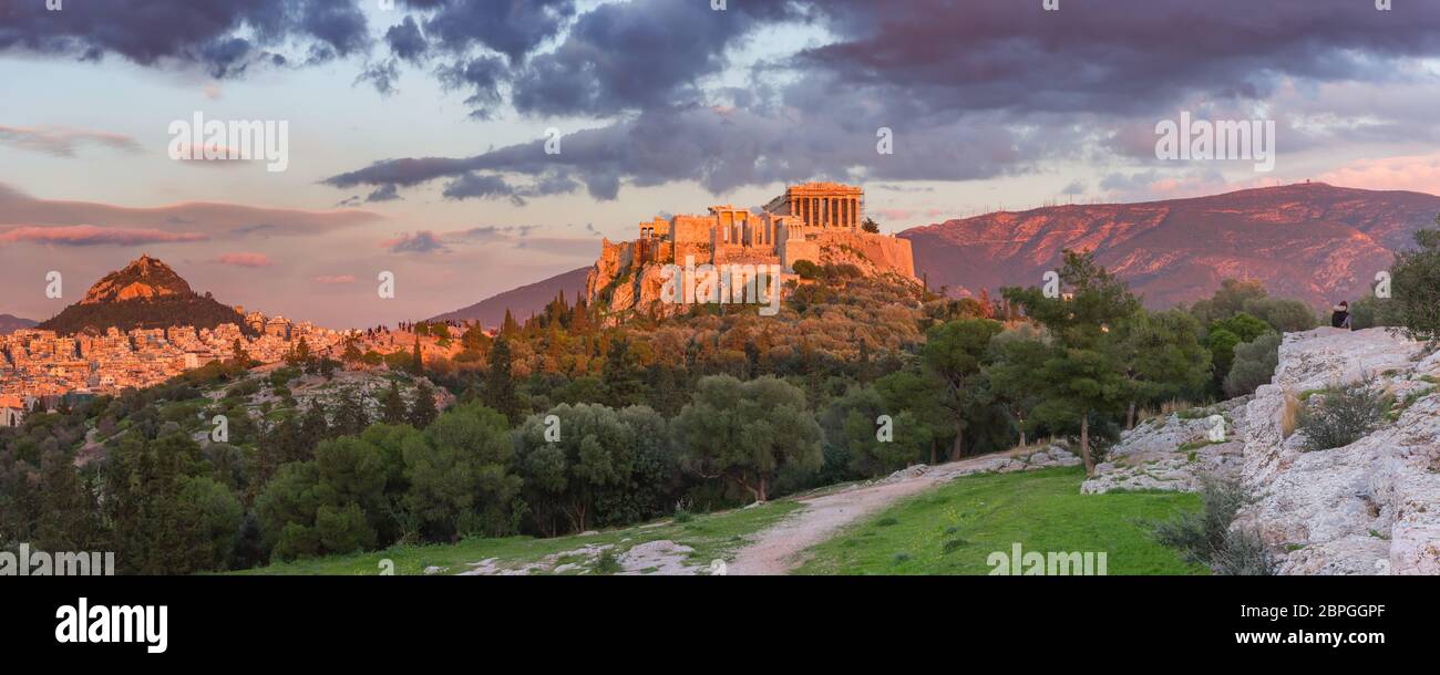 Aerial panoramic view of the Acropolis Hill with Parthenon and Mount ...