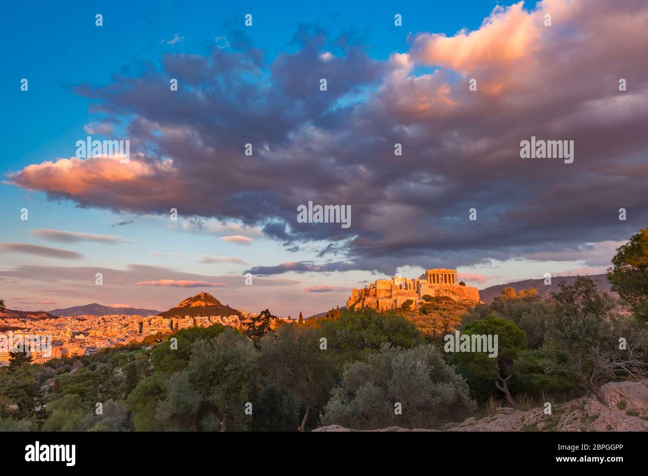 Aerial panoramic view of the Acropolis Hill with Parthenon and Mount ...